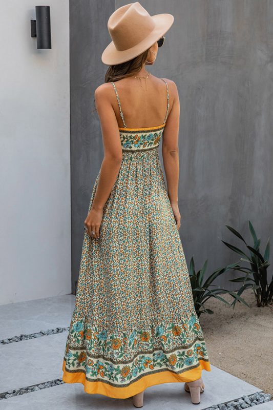 Spaghetti Strap Maxi Dress With V Neck And Printed Design
