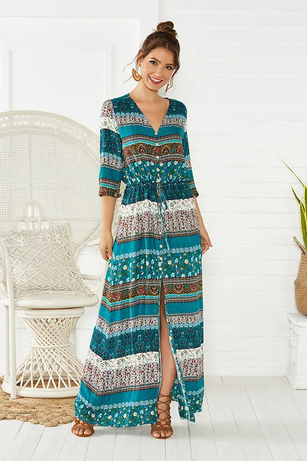 Beach Maxi Dress with Half Sleeve and Floral Printed